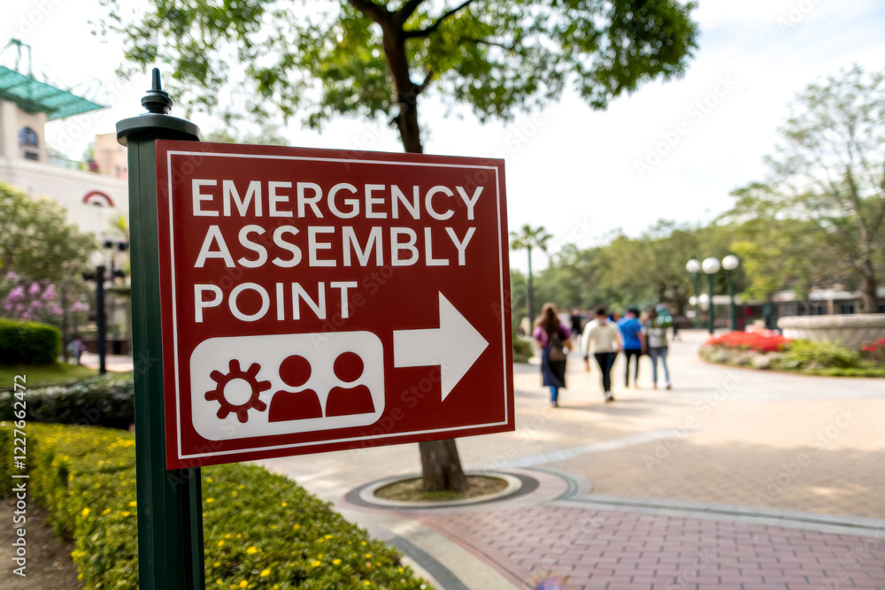 A sign indicating the emergency assembly point in a park, directing ...
