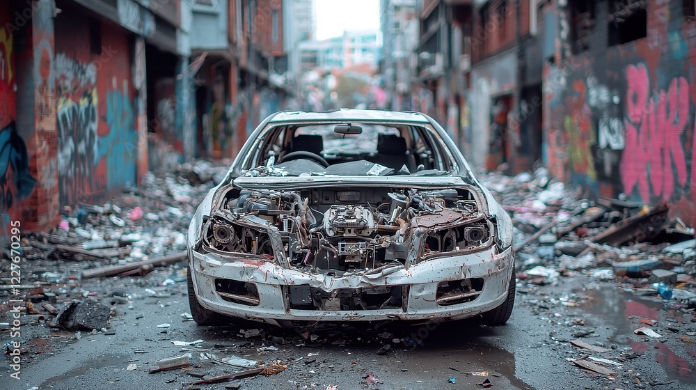 Abandoned Sedan in Graffiti Alley, a wrecked car reveals its inner ...