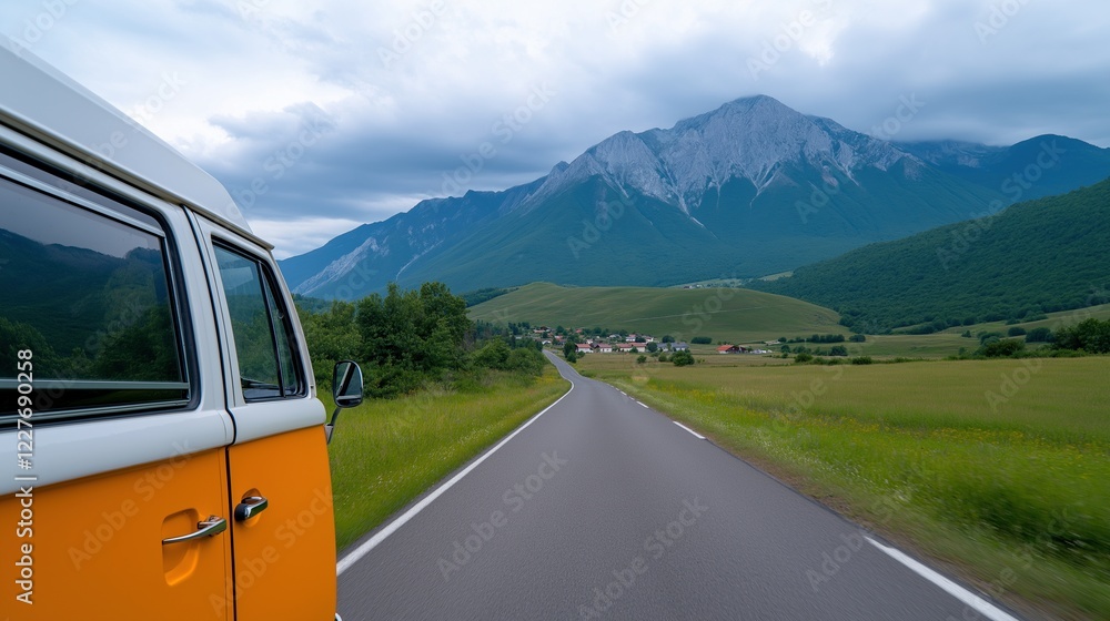 Side view of retro van on rural mountain road image. Green valley ...