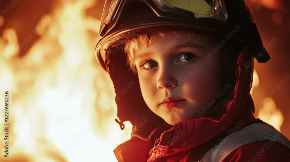 Child learning fire safety through play while wearing a firefighter ...