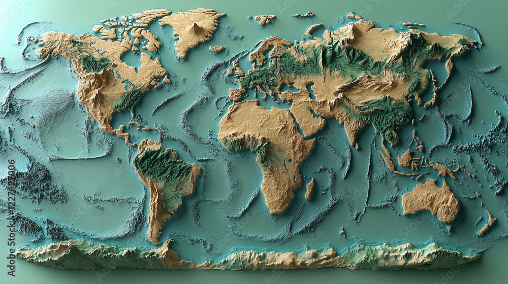 Detailed topographic relief map of the world showcasing landforms and ...