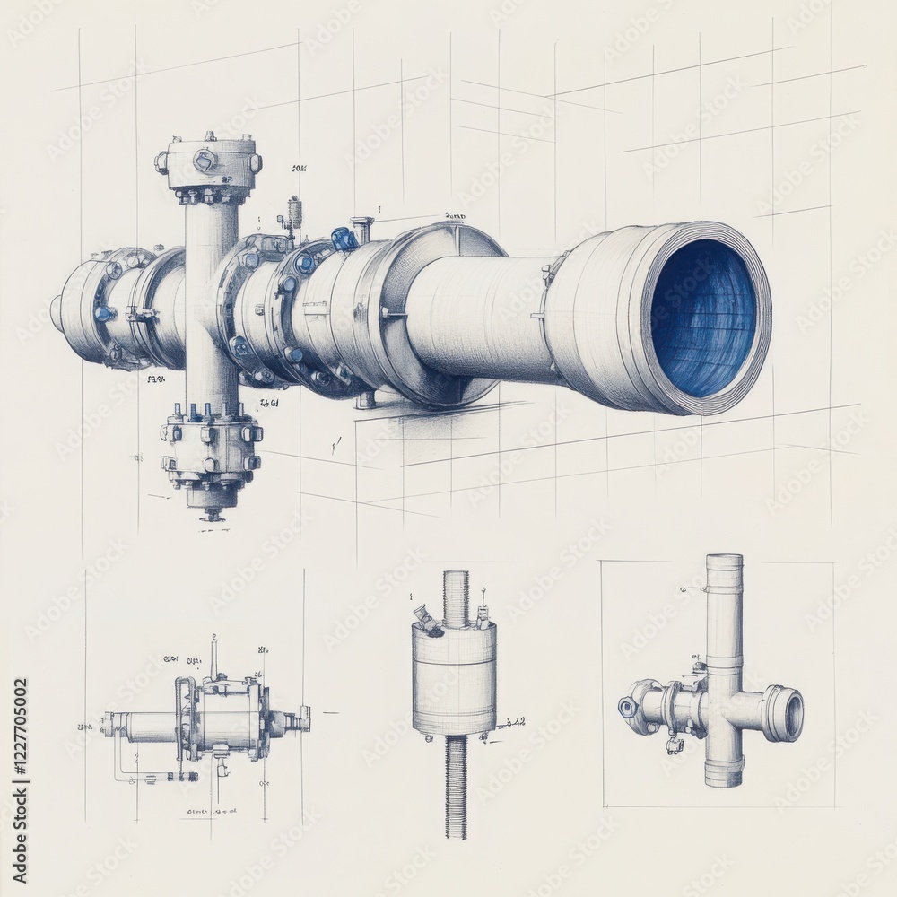 An exploded-view schematic of an industrial water pumping system, with ...