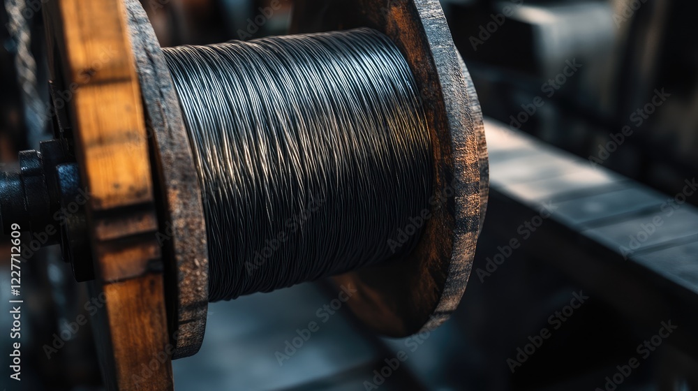 Roller cable unwinding from a vintage wooden spool showcasing ...