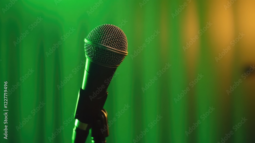 Sleek microphone on a vibrant green chroma key background for audio and ...