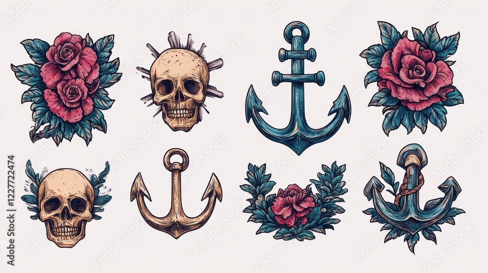 Pixel art tattoo flash sheet with anchors, skulls, and roses in a ...