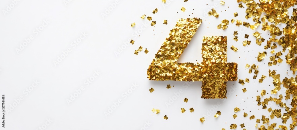 Gold glitter number 4 confetti on a white background with ample space ...