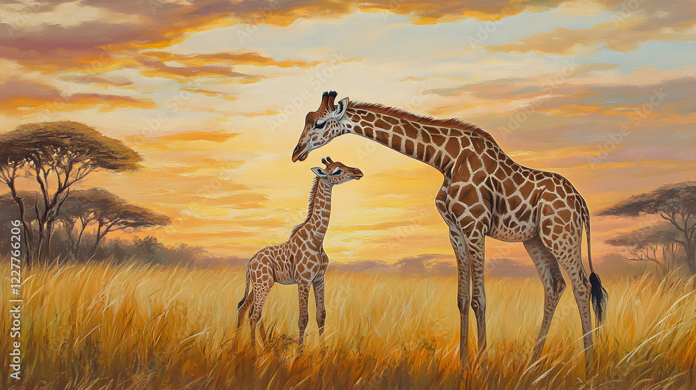 giraffe gently nuzzles her calf as they stand in the golden savanna ...