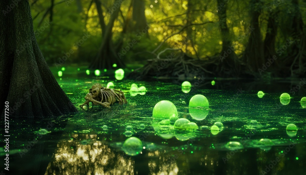 Mystical swamp with a skeleton, bioluminescent orbs, and eerie dark ...