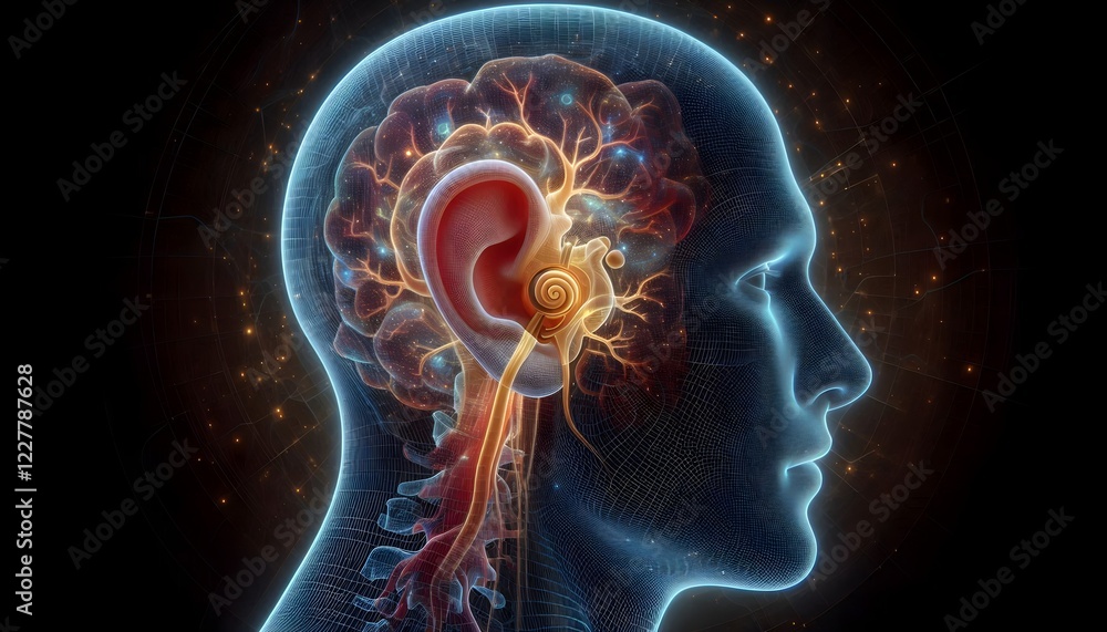 3D medical illustration of the human ear anatomy displaying outer ear ...