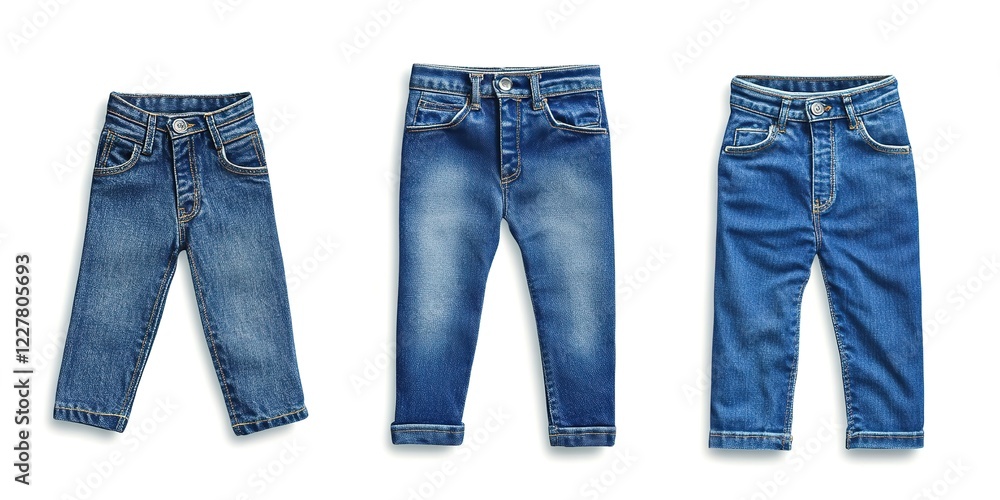 3 different pairs of jeans, blue denim jeans for kids on a white ...