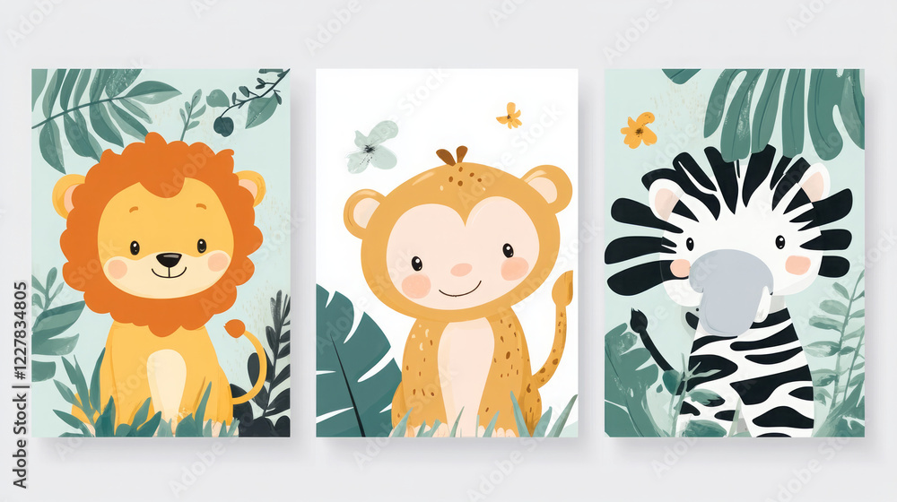 Cute lion monkey and zebra illustrations with jungle leaves Stock Photo ...