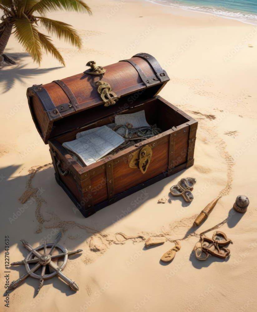 Pirate's chest buried on sandy beach next to old treasure map and ...
