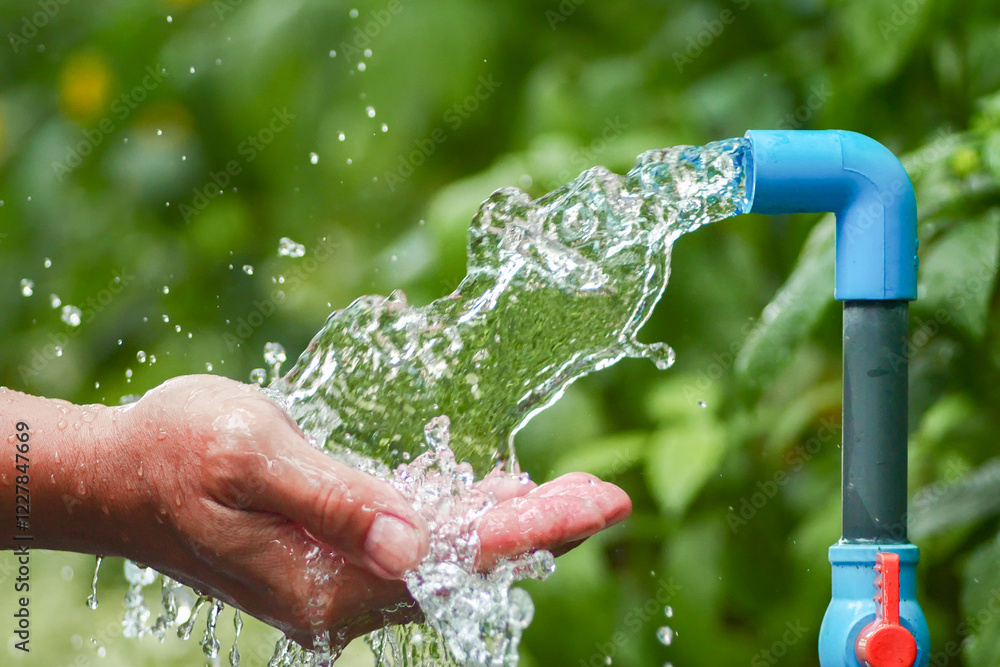 Refreshing Flow of Clean Water from a Blue Faucet onto Hands in a Lush ...