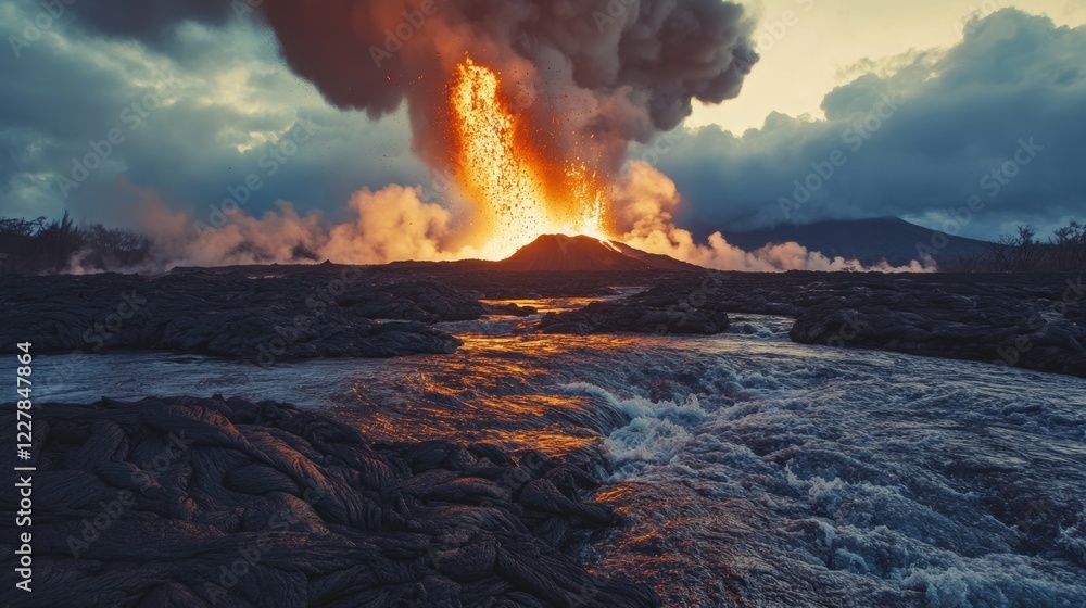 Stock-Illustration „Volcano eruption landscape cartoon background scene ...