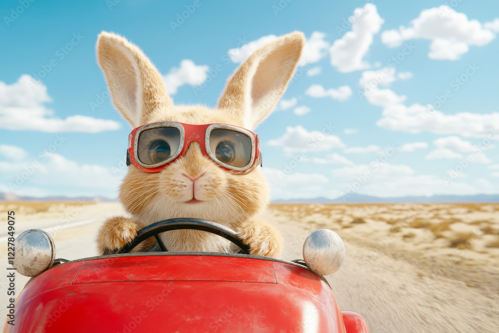 Cute rabbit driving a red vehicle with goggles under a clear blue sky ...