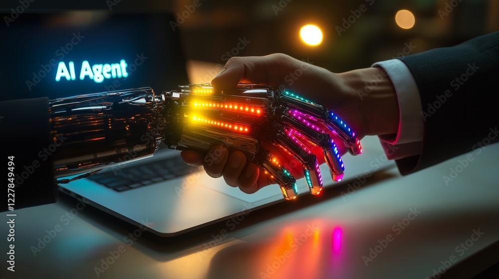 An autonomous robot AI agent and human handshake symbolizing agentic teamwork and collaboration ...