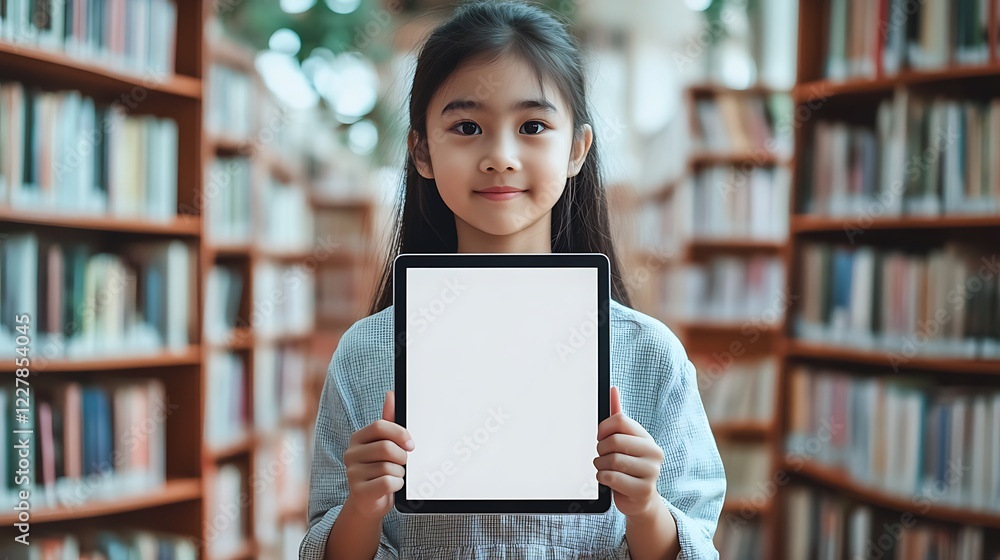Person holding paper mock-up tablet with white text in library ...