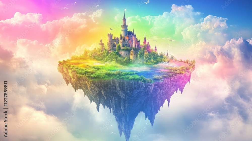 Purple fantasy sky with floating island and magic castle cartoon ...