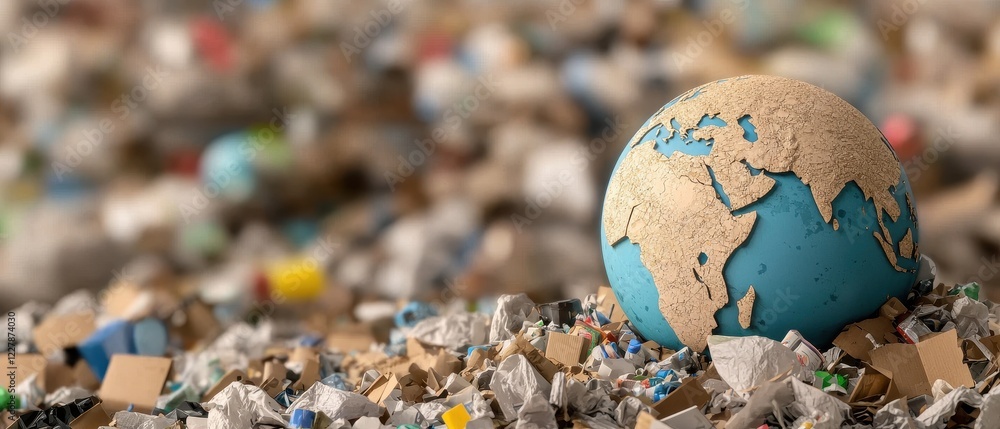 Recycling event globe emerges from waste pile global trash landscape ...