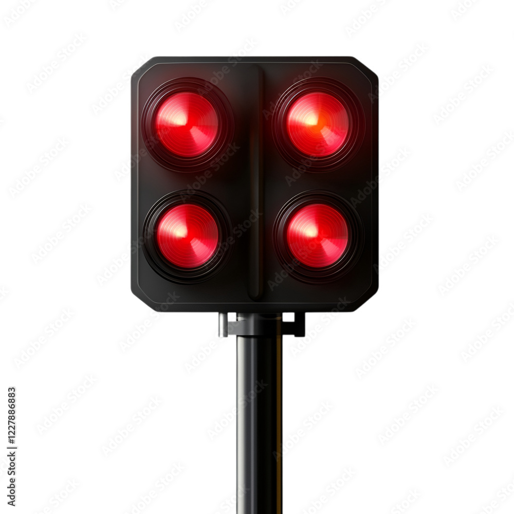 Railway signal with dual red lights and metallic post on transparent ...