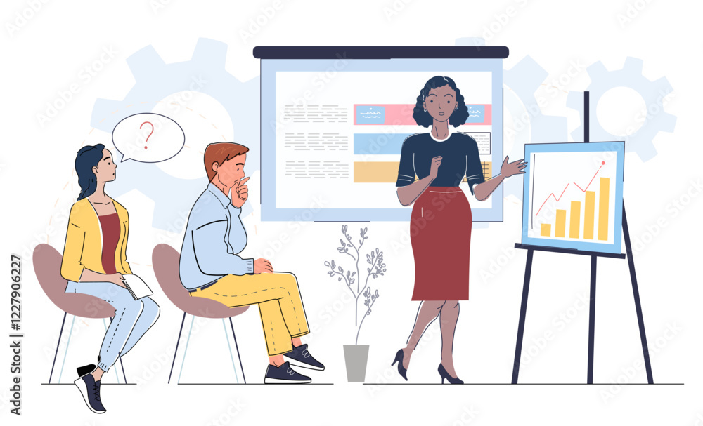 Businesswoman presenting a graph on a chart to two attendees, one ...