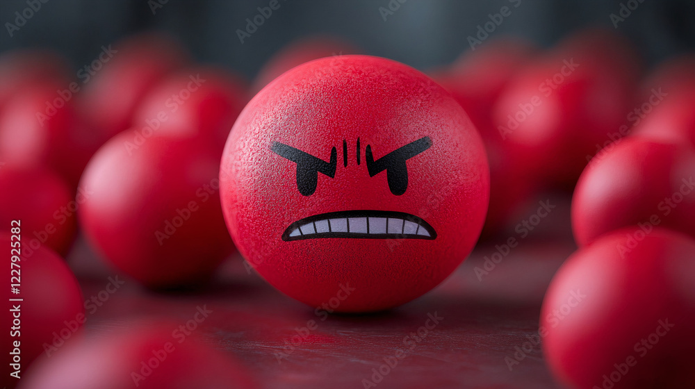 3D realistic angry red emoji face on a glossy red ball, surrounded by ...