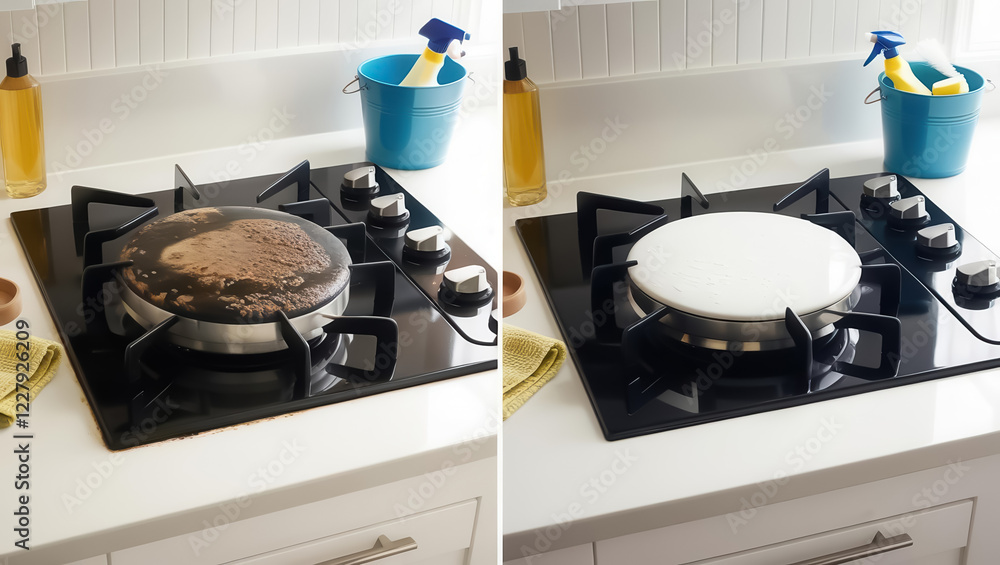 Before and After Cleaning Greasy Stovetop Surfaces with Supplies Stock ...