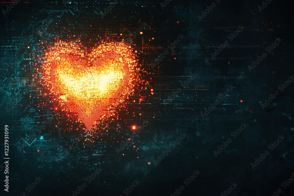Glowing heart icon disintegrating into pixelated fragments in a dark ...