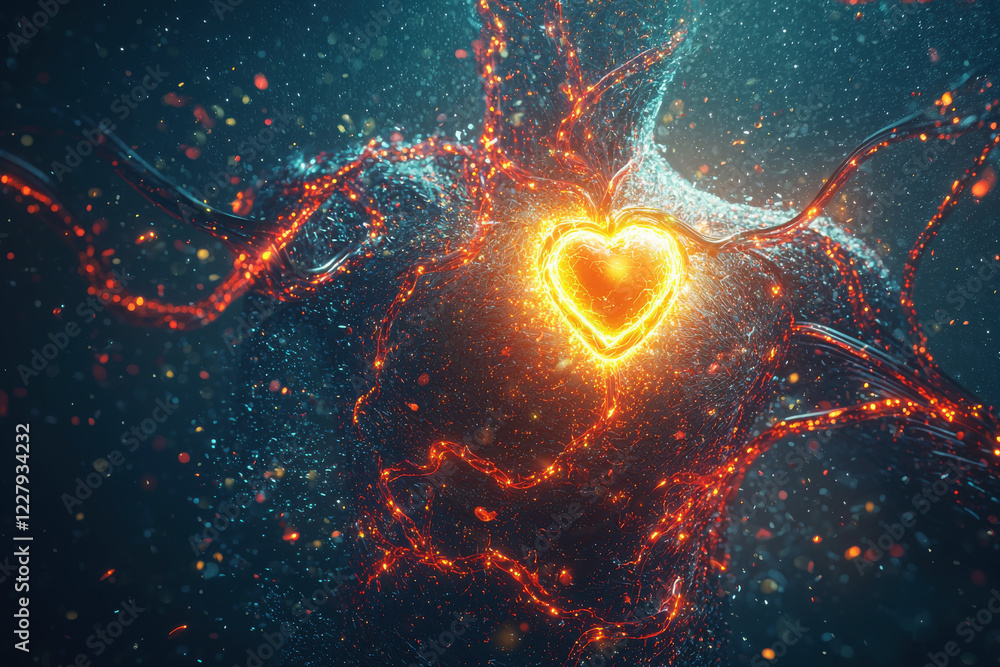 Glowing heart at the center of a vibrant human circulatory system with ...