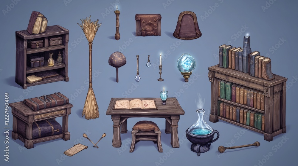 Magic wizard school furniture and equipment. Cartoon medieval class ...