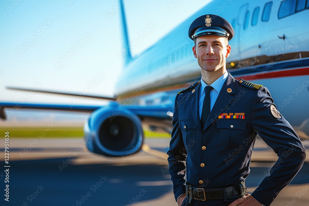 Confident pilot in uniform stands proudly beside a large passenger jet ...
