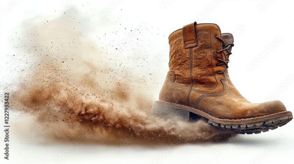 Leather boot kicking up dust, white background, adventure concept Stock ...