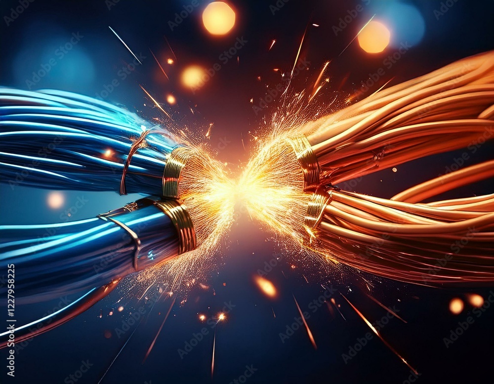two electrical cables are connected sparks fly as two wires connect ...