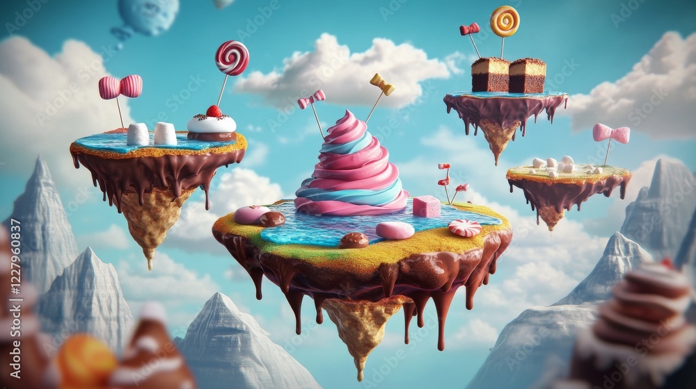 Flying islands of sweet land with candies, chocolate volcano, cake, ice ...