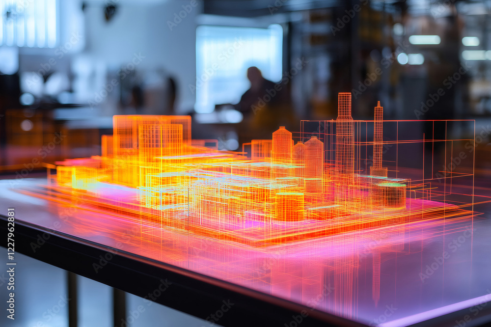 Futuristic digital twin city model displayed on an interactive touchscreen table, highlighting ...