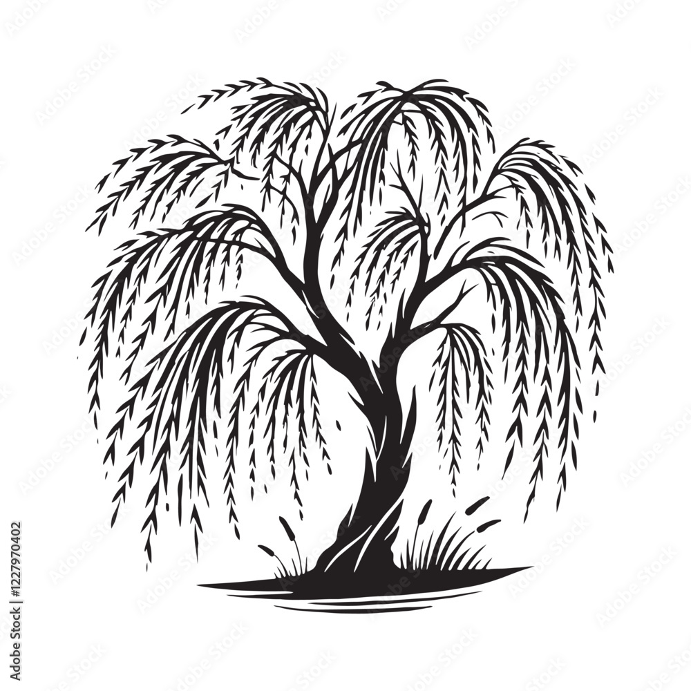 Weeping Willow Tree silhouette with long, drooping branches - Weeping ...