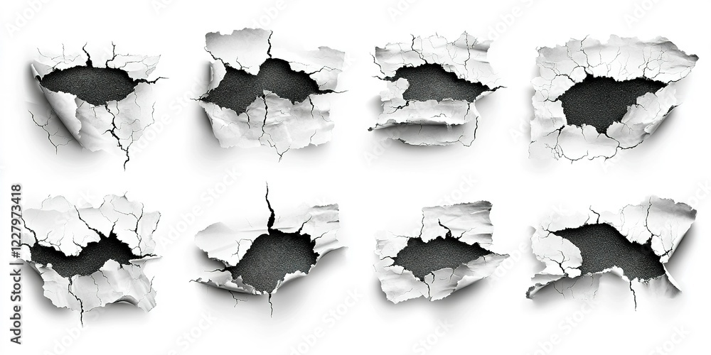 Torn paper effects with cracks and holes on a white background for ...