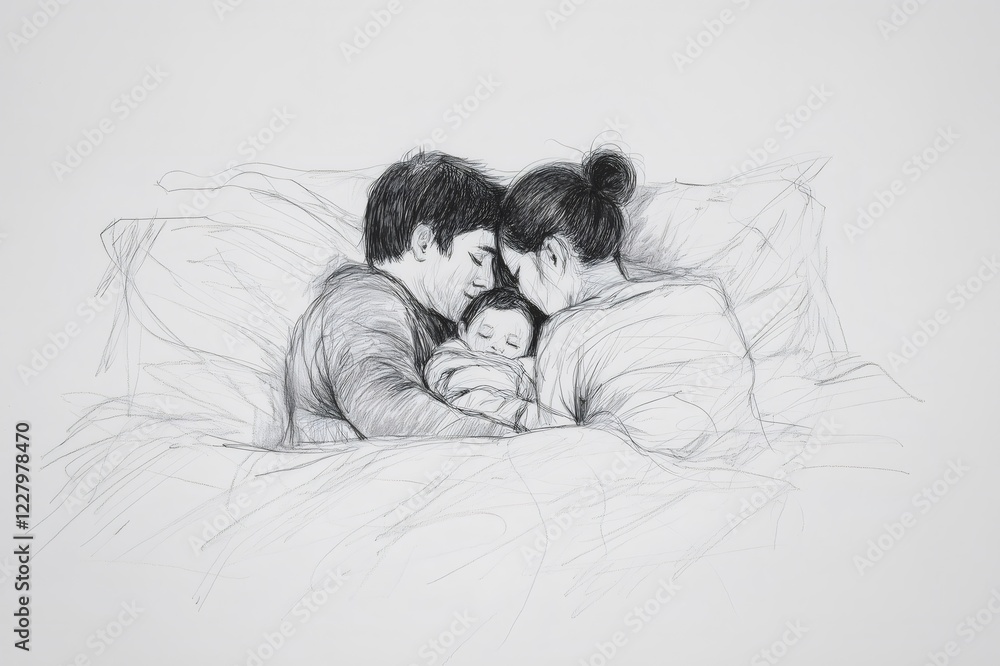 Pencil sketch of a family sleeping and cuddling in bed, enjoying a ...