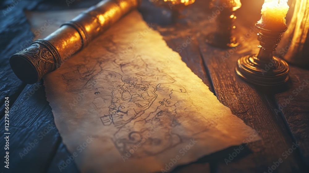 Magic game parchment scroll for old map with treasure. Papyrus roll ...