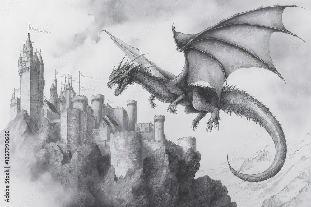 Pencil drawing of a wyvern flying over a medieval castle on a cliff ...