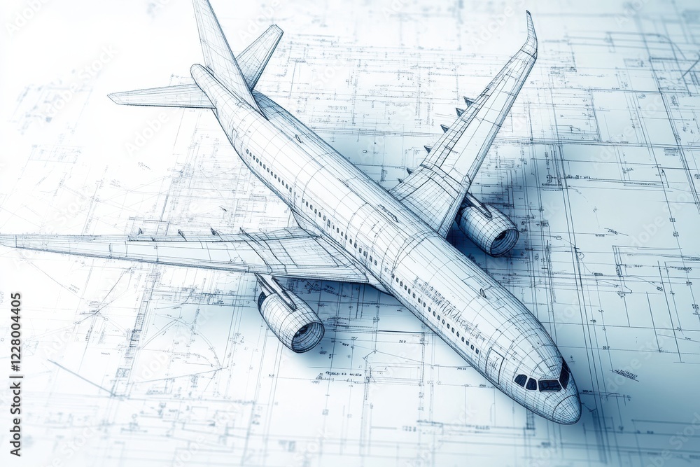 Technical blueprints illustrate detailed design of an airplane ...