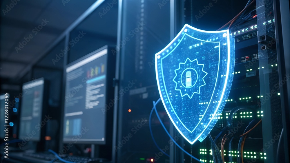 This image depicts a server room or data center with a prominent ...