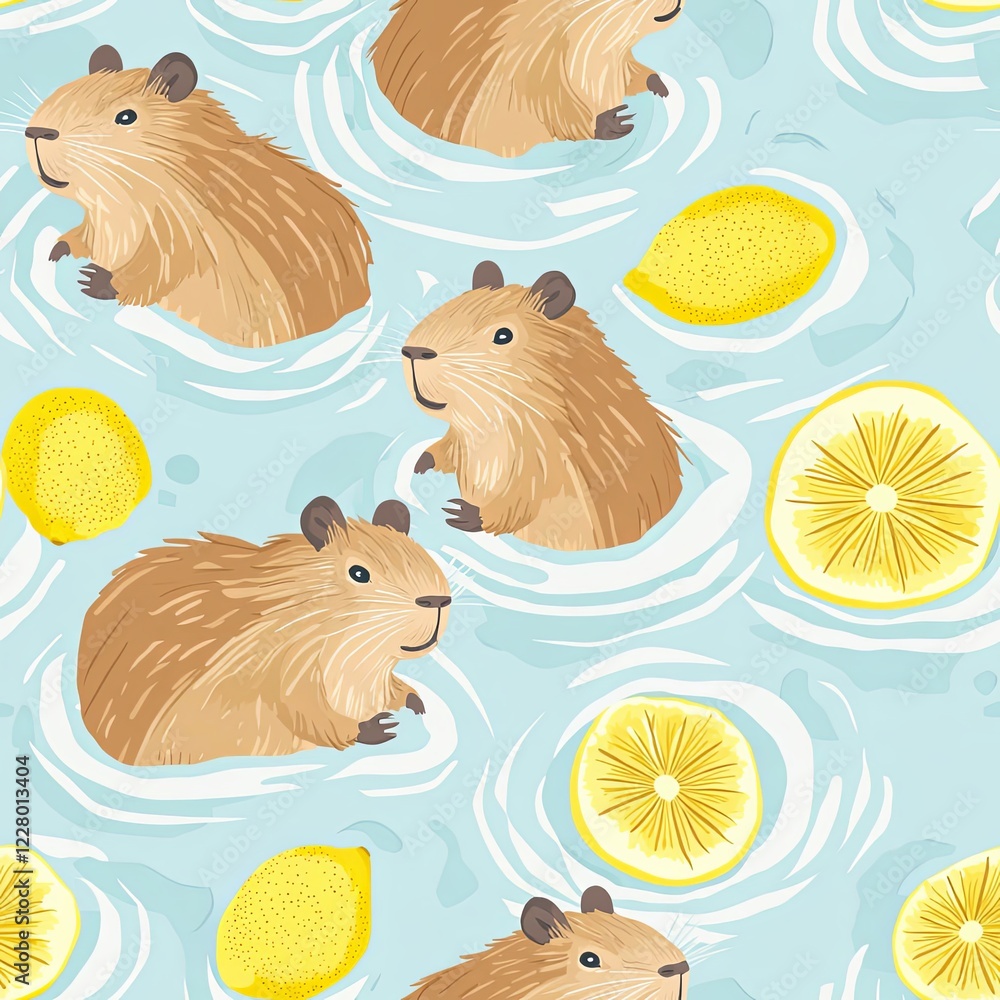 Seamless pattern of cute capybara with lemon stay in japanese hot ...