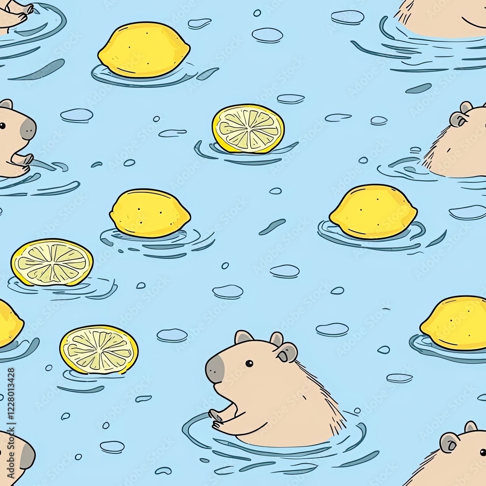 Seamless pattern of cute capybara with lemon stay in japanese hot ...