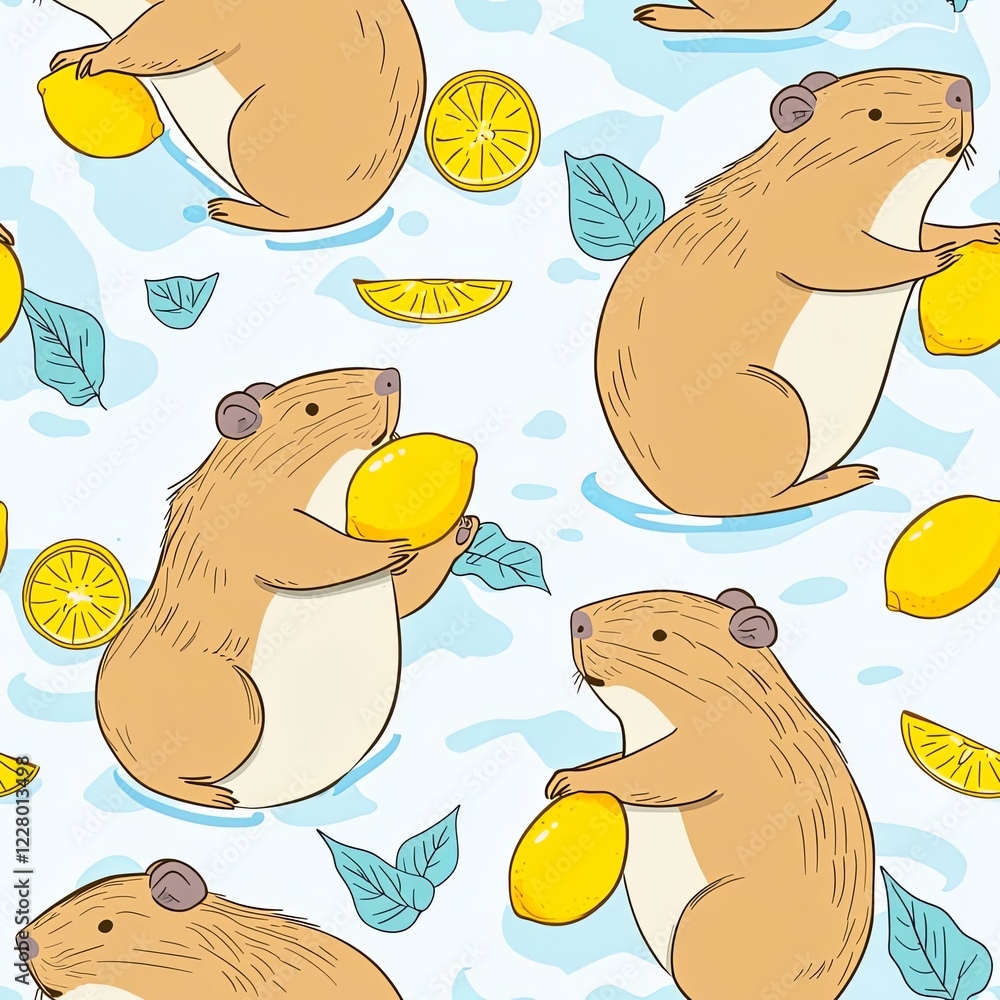 Seamless pattern of cute capybara with lemon stay in japanese hot ...