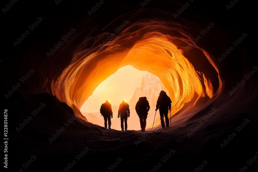 A crack in the earth opening to reveal a hidden cave system, with ...