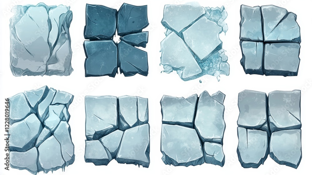 Vector cartoon crack ice game seamless background texture set. Winter ...