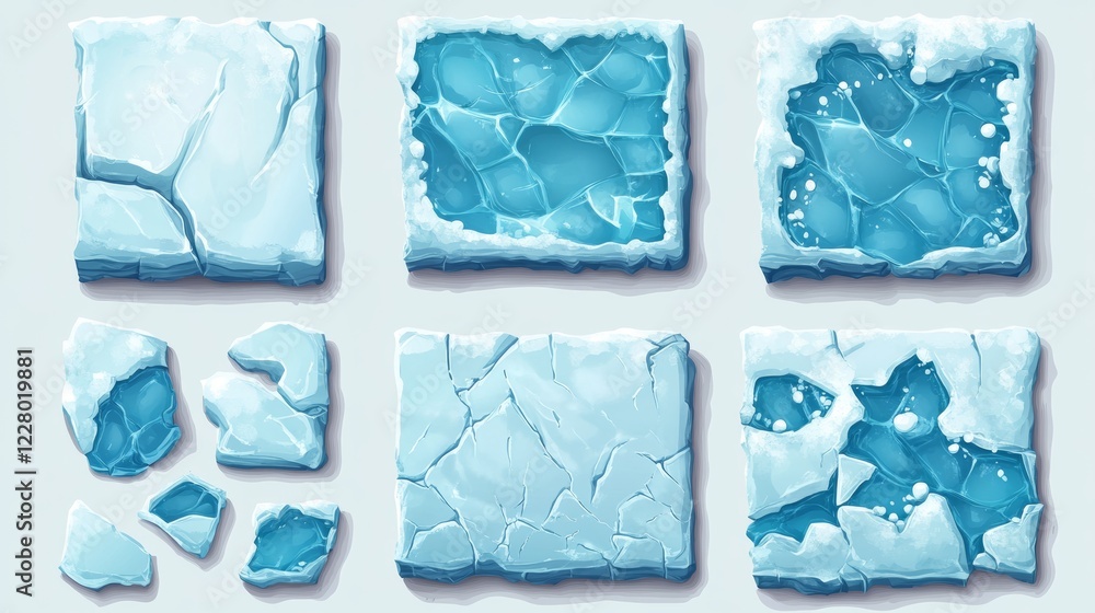 Vector cartoon crack ice game seamless background texture set. Winter ...