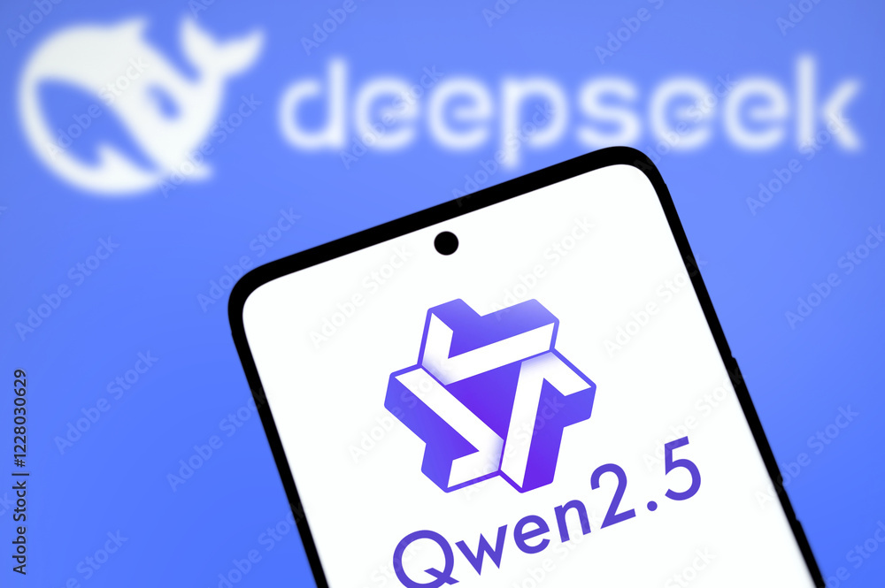 Photo Stock Dhaka, Bangladesh- 29 Jan 2025: Alibaba Qwen 2.5 logo is displayed on smartphone and ...