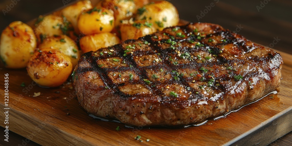 perfectly cooked bife ancho (ribeye steak). The steak shown with a ...